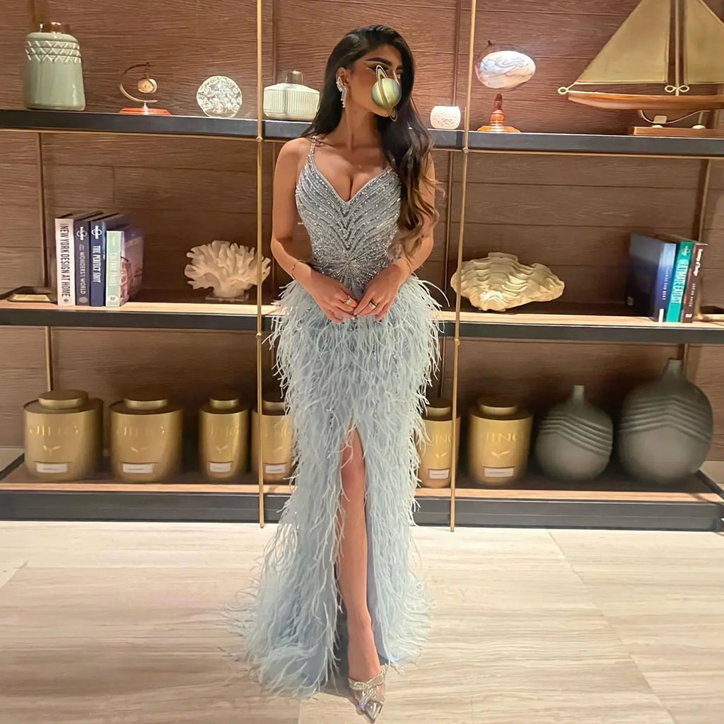 Luxury Beaded Blue Mermaid Feathers Prom Dress SS004 – SHARONSAID