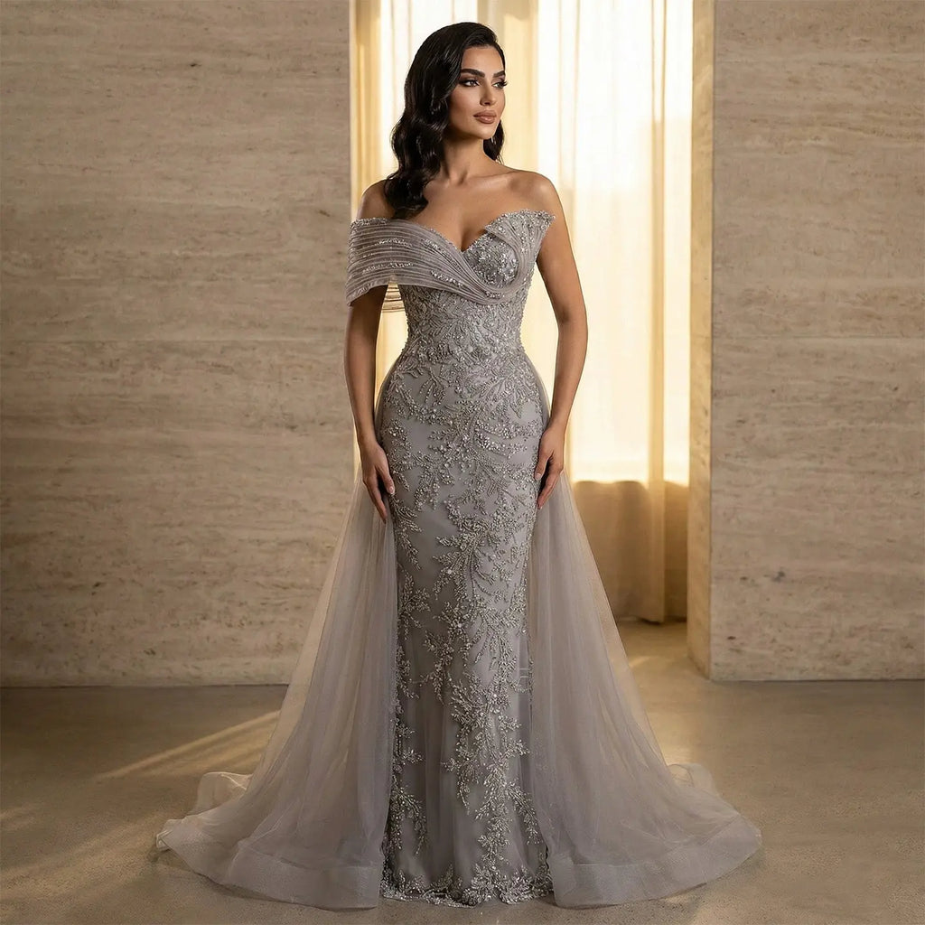 Luxury Gray Off-the-Shoulder Beaded Sheer Mermaid Evening Dress SS527 ...
