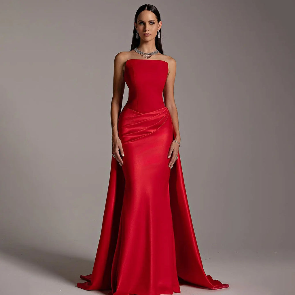Elegant Red Strapless Evening Dresses with Overskirt SF255 – SHARONSAID