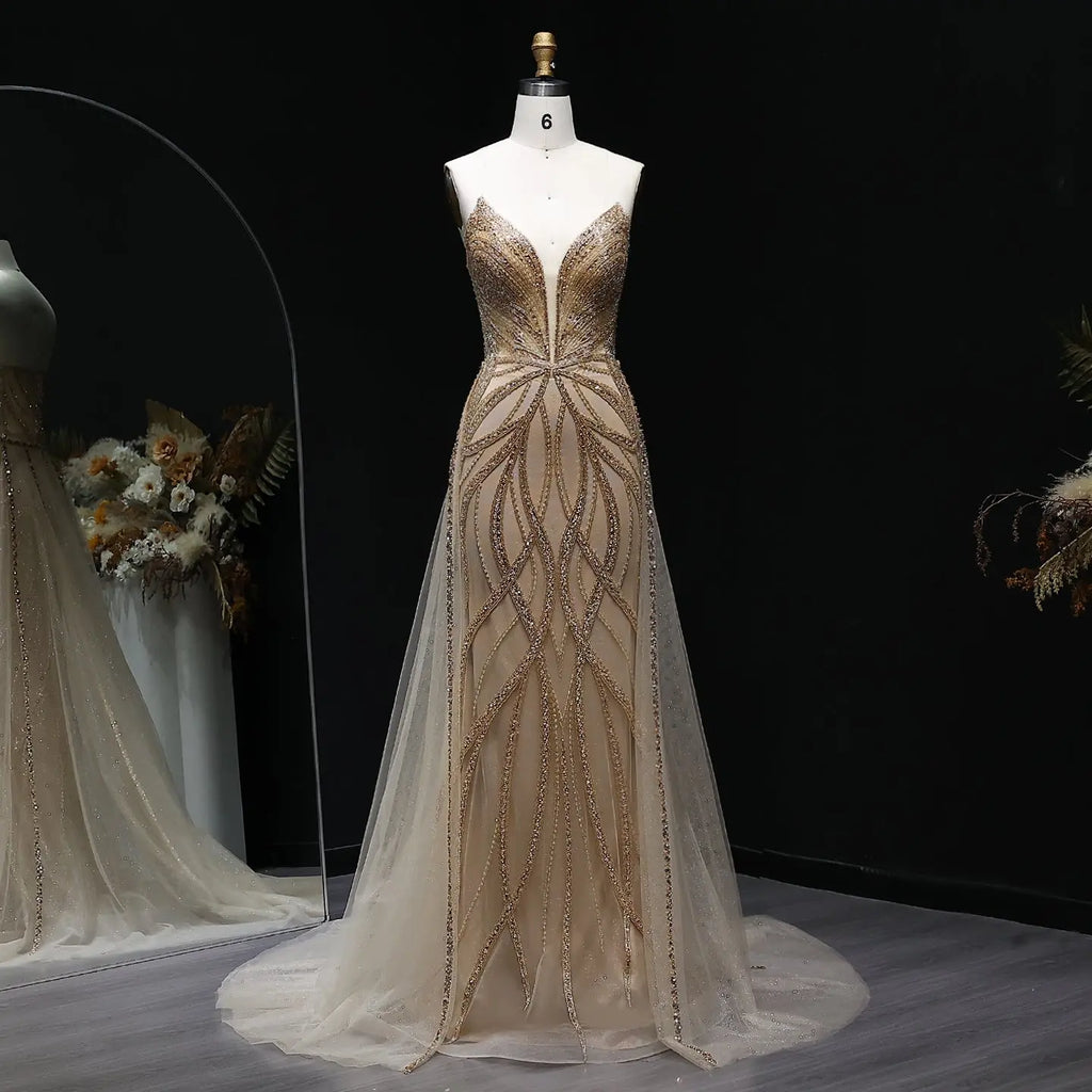 Luxury Champagne Beaded Mermaid Evening Dress with Overskirt SS068 ...