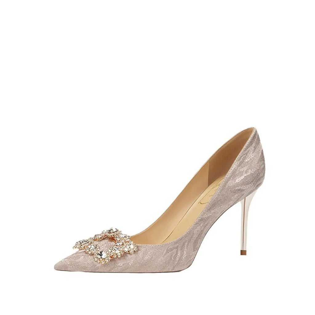 French Square Buckle Rhinestone Sheepskin High Heel – SHARONSAID