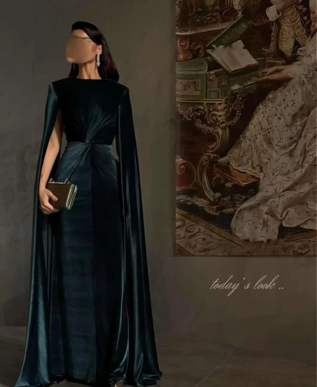 Elegant Dark Blue Velvet Evening Dress with Cape Sleeve SF243 ...